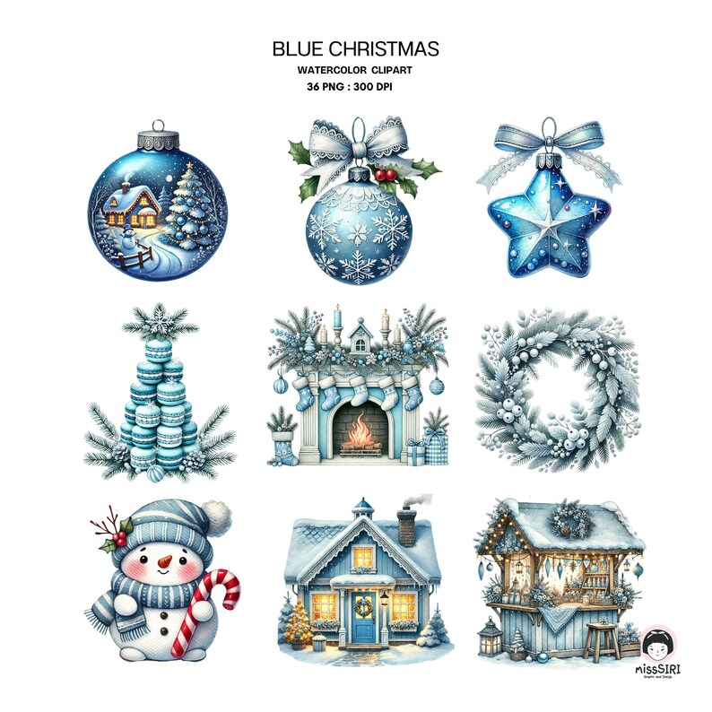 Blue Christmas Clipart Bundle | 36 Watercolor Pngs Featuring Santa ...