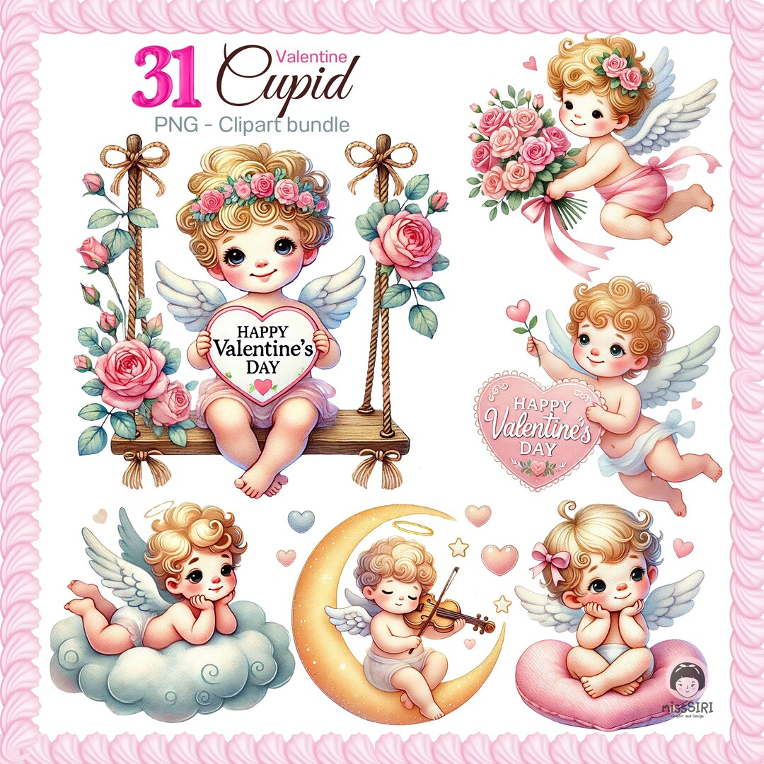 Valentine Cupid Clipart Bundle 31 PNG Elements, Cute Cupid Watercolor ...