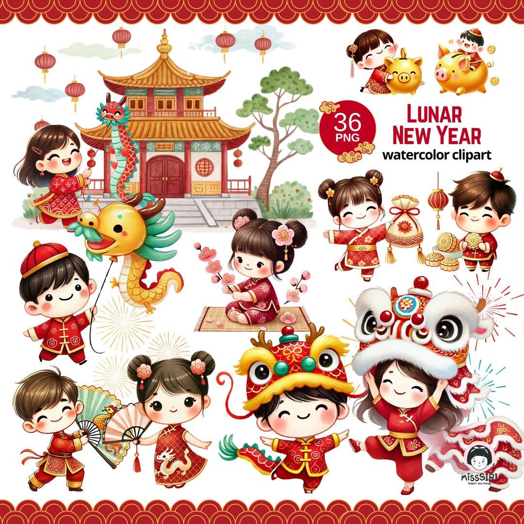 Adorable Lunar New Year Clipart Set, Cute Asian Festival Characters ...