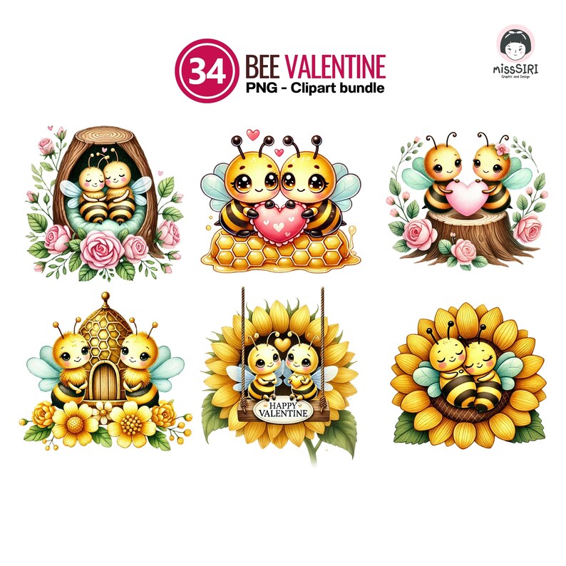 Bee Valentine Clipart Bundle, Cute Bee Love PNG, Honeycomb Heart ...