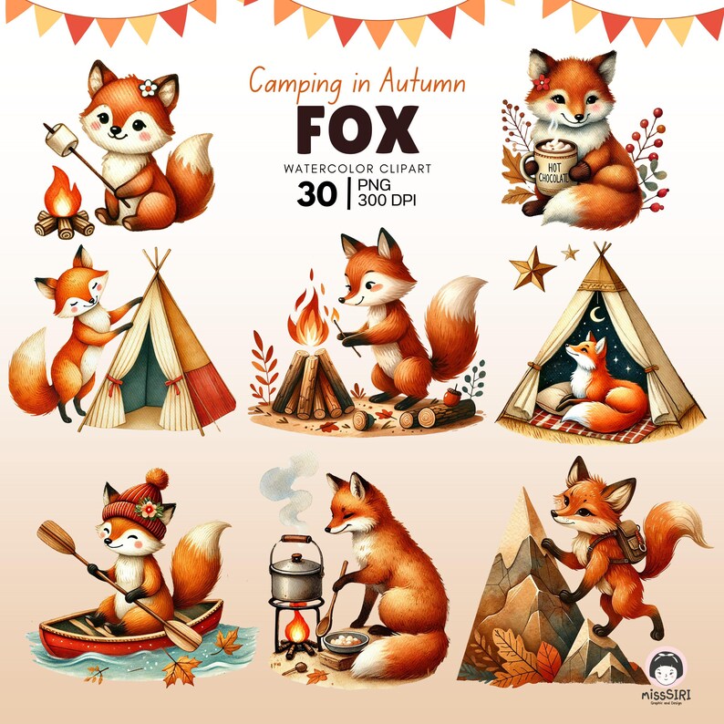 Autumn Camping Fox Clipart Bundle, 30 PNG Watercolor Woodland Animals ...