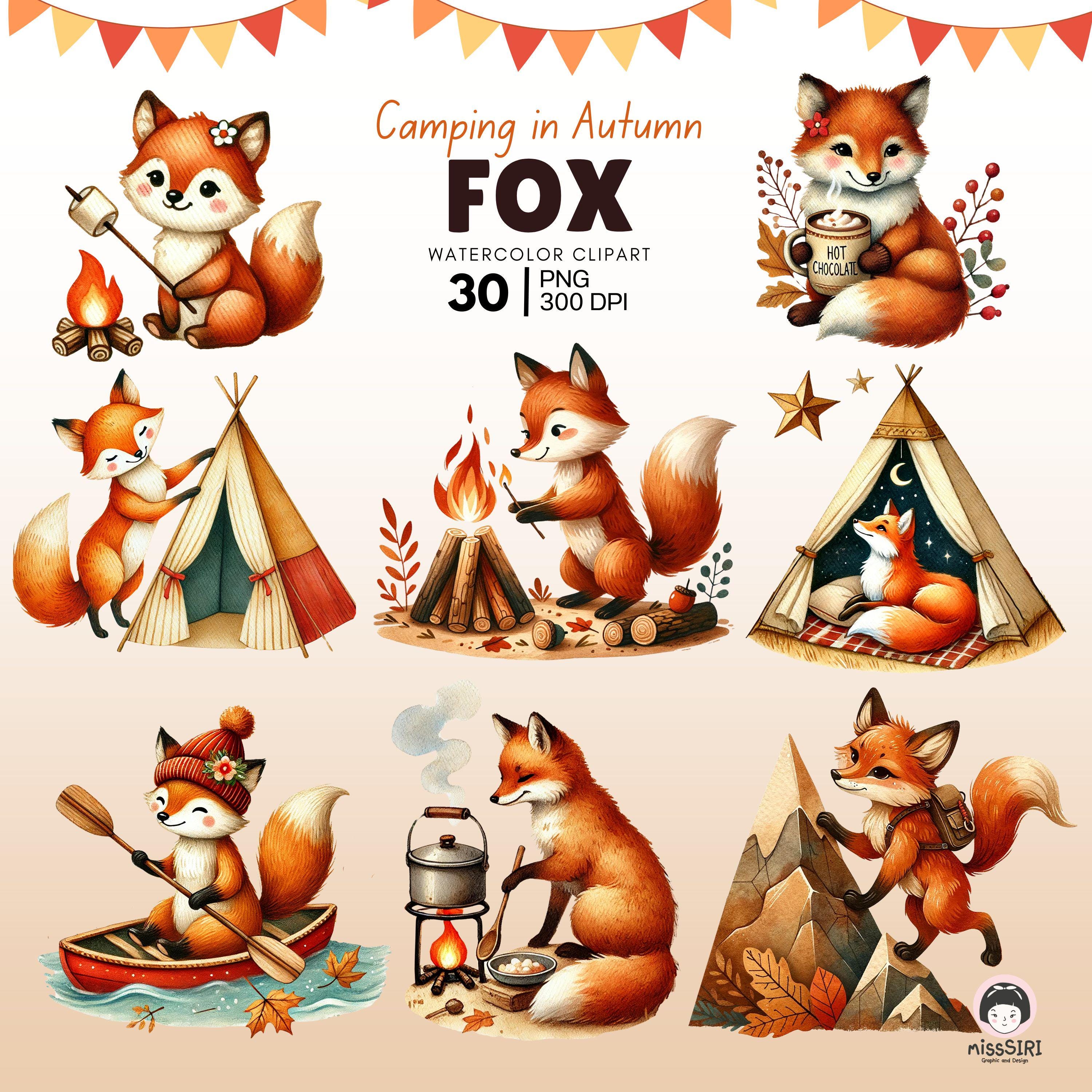 Autumn Camping Fox Clipart Bundle, 30 PNG Watercolor Woodland Animals ...
