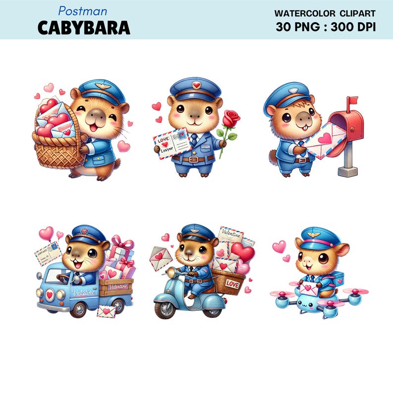 Postman Capybara Clipart Set | 30 Watercolor Pngs of Cute Mail Delivery ...