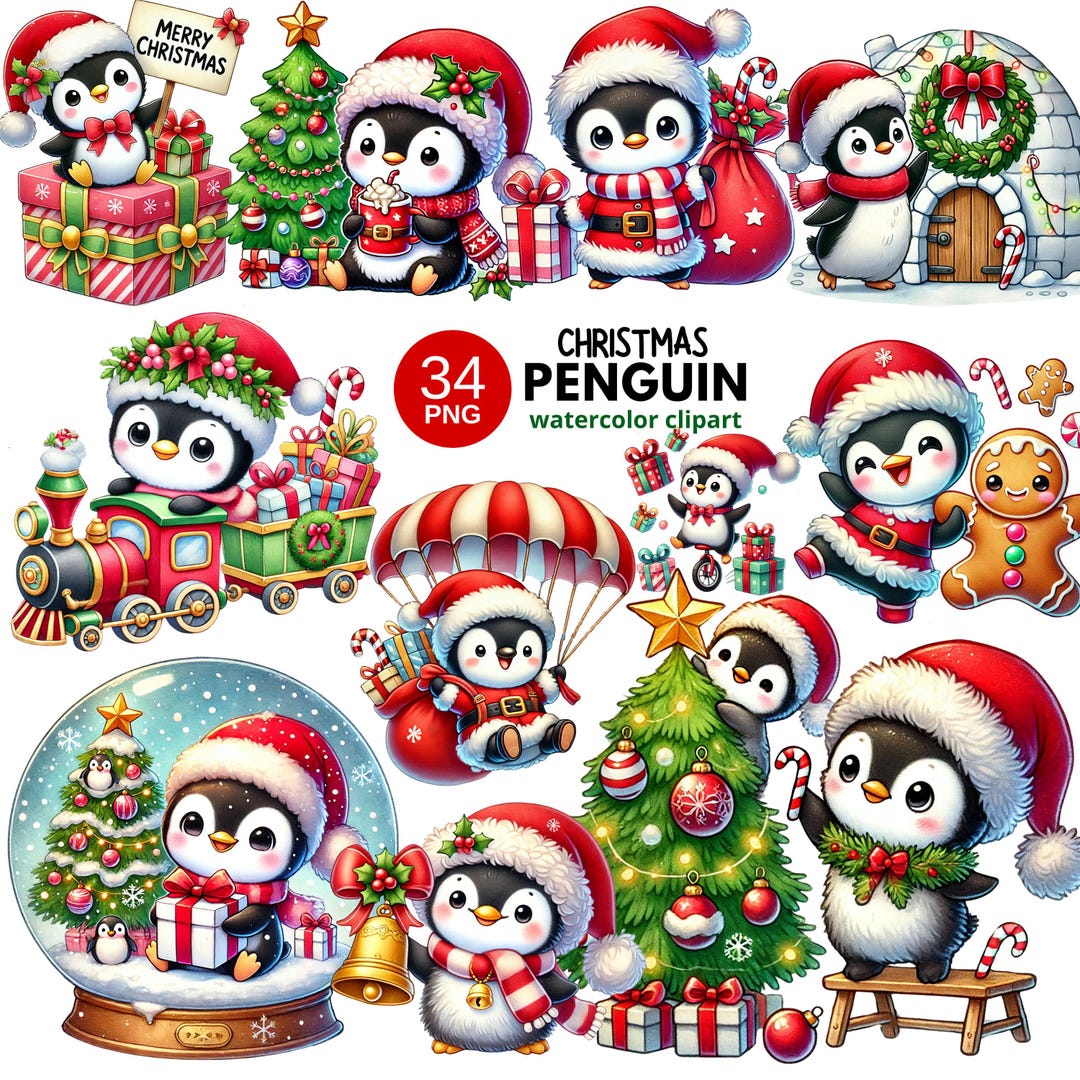 Christmas Penguin Watercolor Clipart | 34 Cute Holiday Pngs With Santa ...