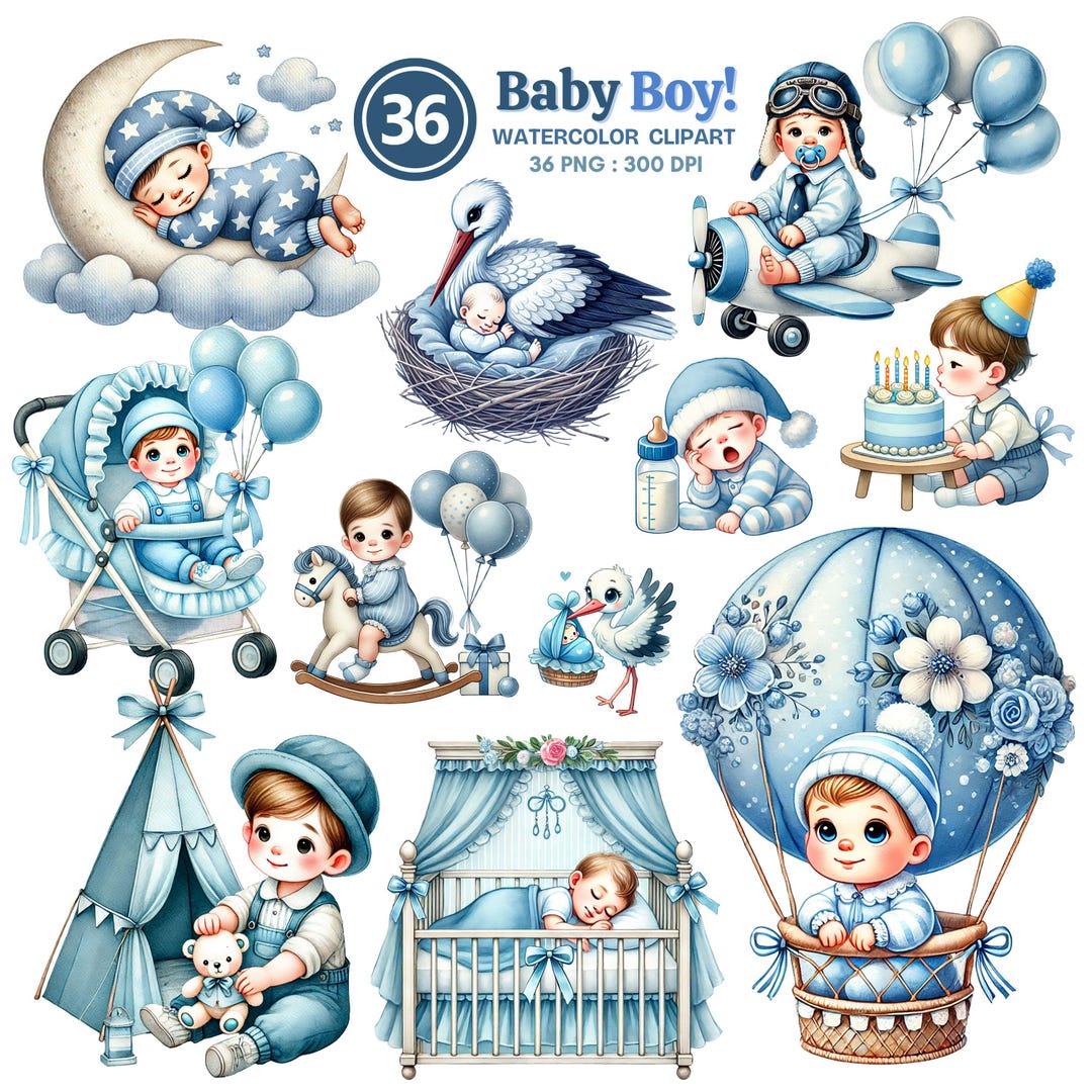 Baby Boy Watercolor Clipart Set - 36 PNG Baby Shower Graphics - Blue ...
