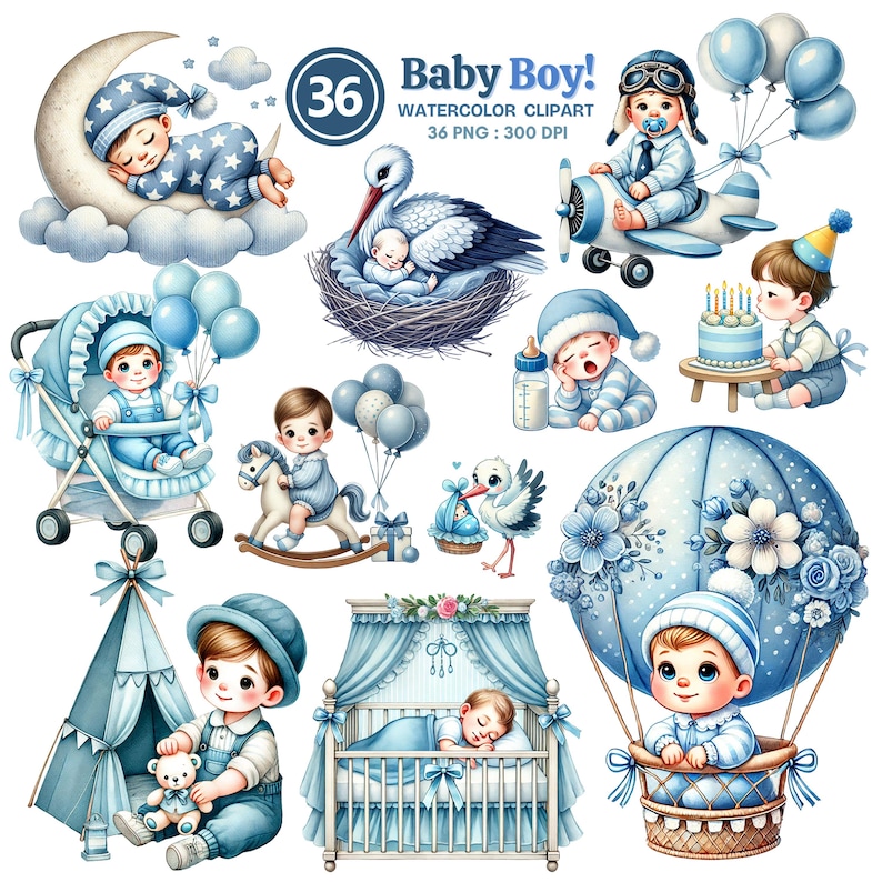Baby Boy Watercolor Clipart Set - 36 PNG Baby Shower Graphics - Blue ...