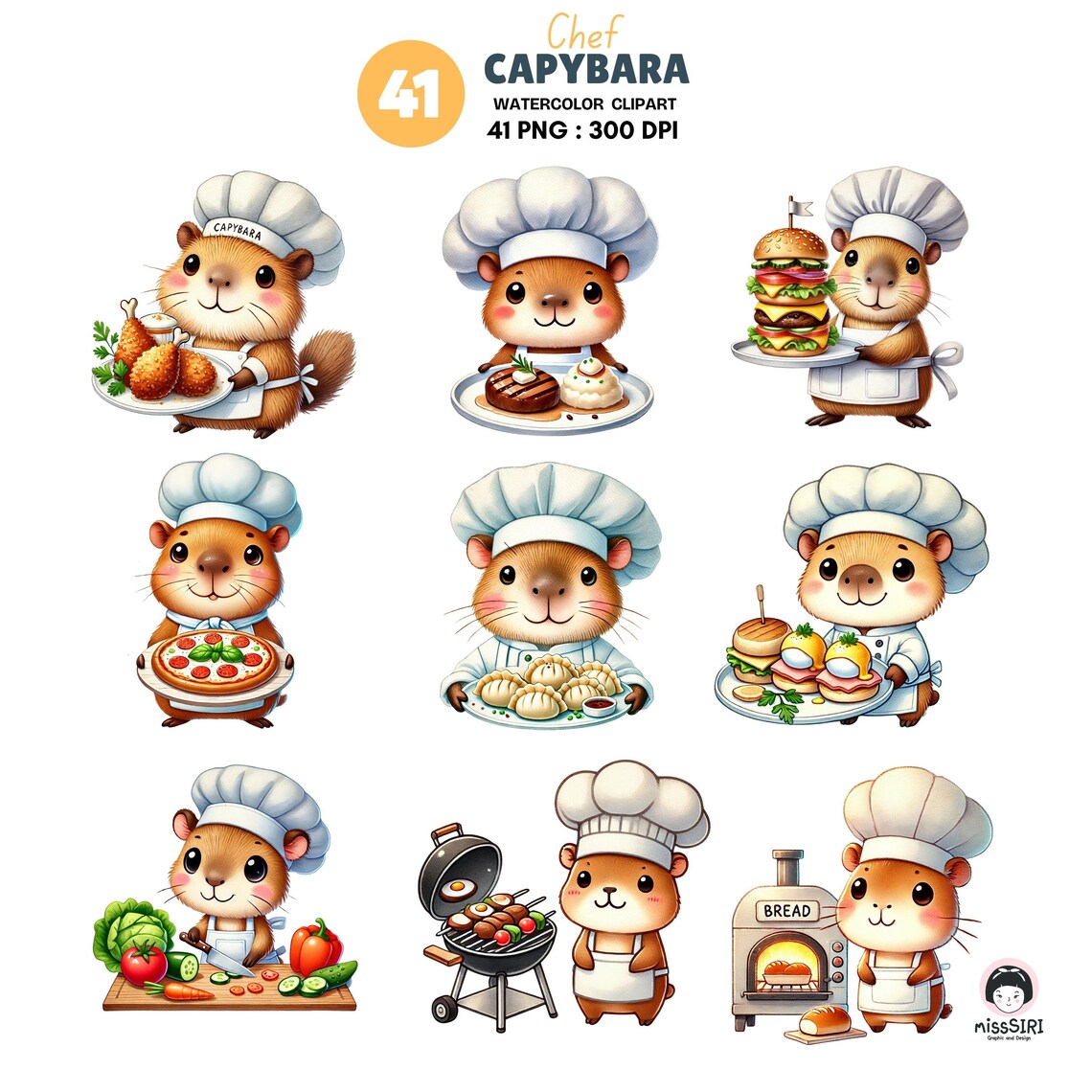 Chef Capybara Watercolor Clipart Bundle for Food Lovers and Creators ...