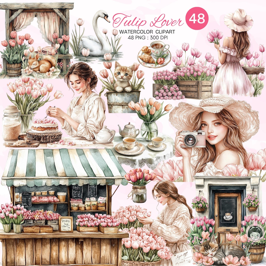 Tulip Lover Watercolor Clipart – 48 PNG Floral Illustrations (digital ...
