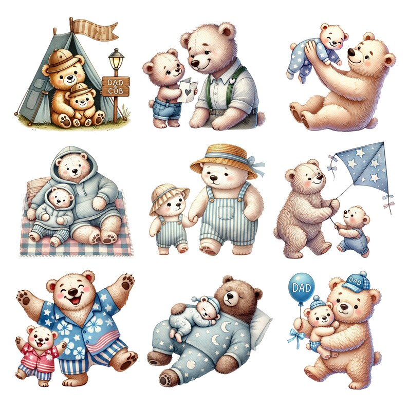Father’s Day Bear Clipart Set | 27 Watercolor Pngs of Dad and Baby ...