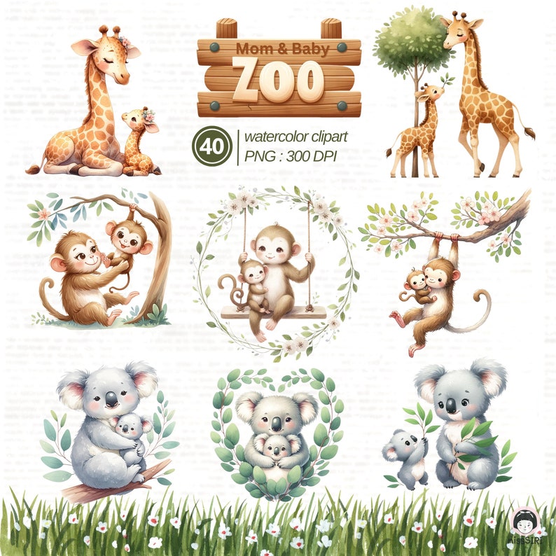 Watercolor Mom & Baby Zoo Animals - Nursery Art PNG - Etsy