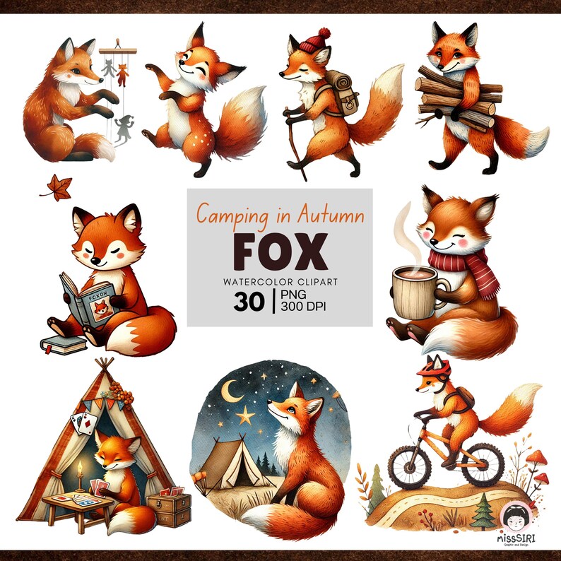 Autumn Camping Fox Clipart Bundle, 30 PNG Watercolor Woodland Animals ...