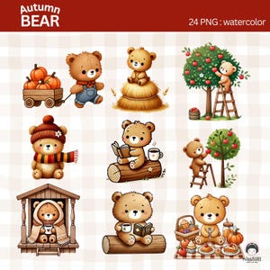 Autumn Bear Watercolor Clipart Bundle - Cute Fall Bear Pngs With ...