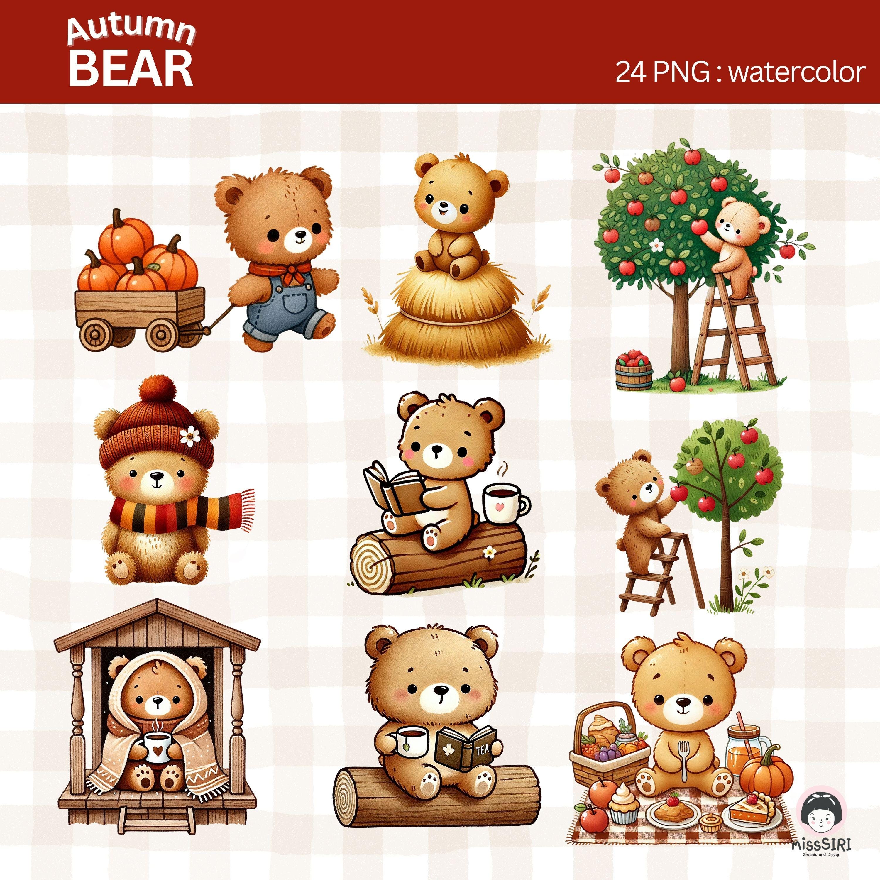 Autumn Bear Watercolor Clipart Bundle - Cute Fall Bear Pngs With ...