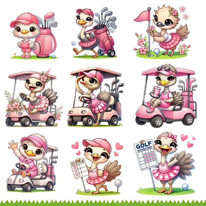 Ostrich Golf Watercolor Clipart Bundle – 34 Cute Pngs of Cartoon ...