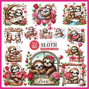 Valentine Sloth Clipart Bundle, 32 Watercolor PNG Files, Adorable ...