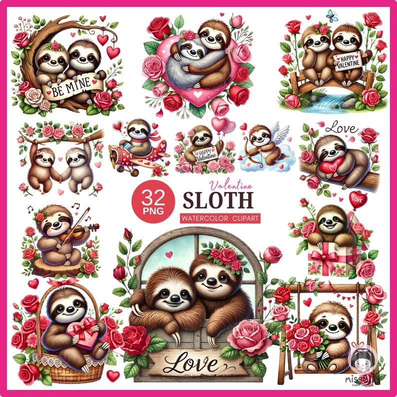 Valentine Sloth Clipart Bundle, 32 Watercolor PNG Files, Adorable ...