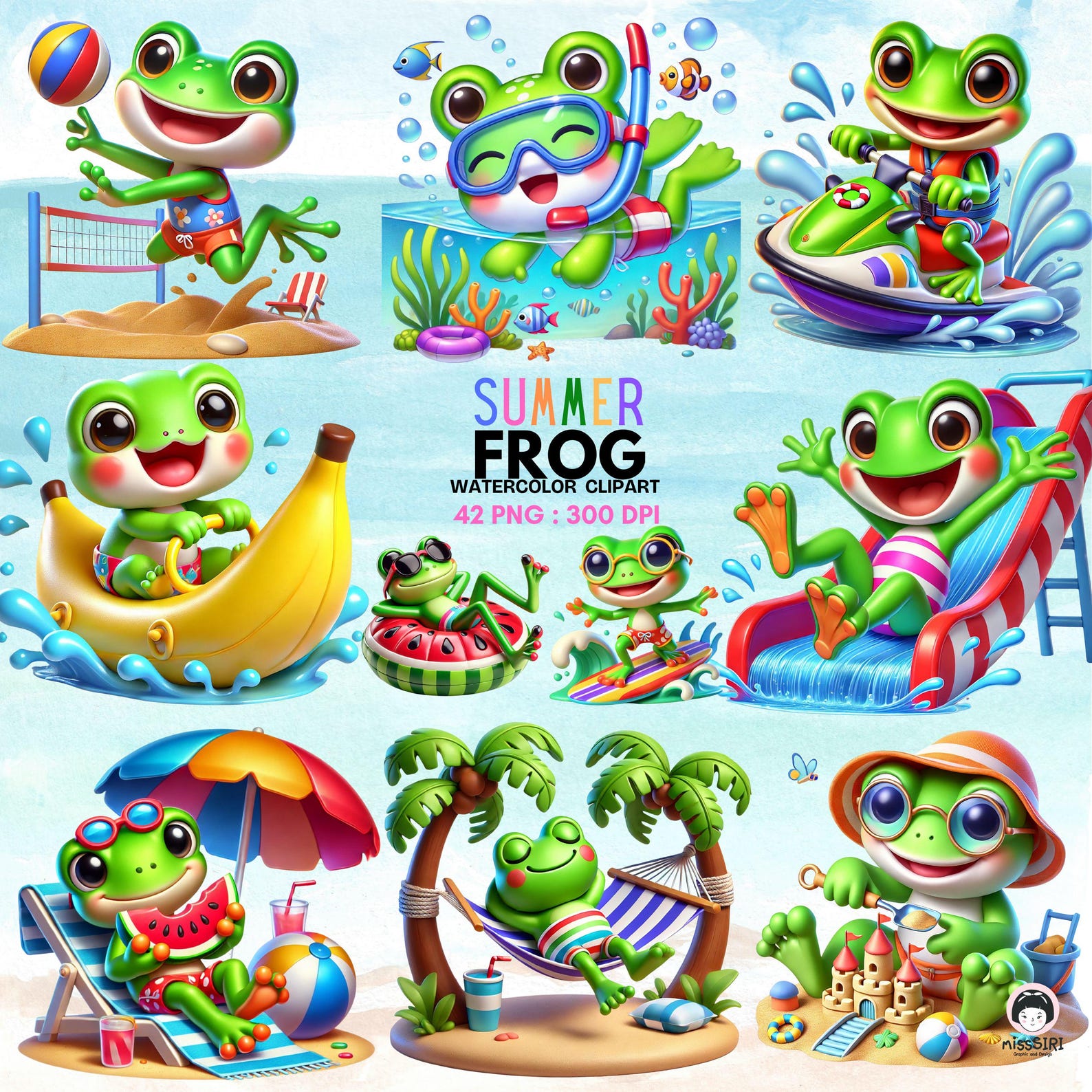 Summer Frog Watercolor Clipart Set – 42 Cute PNG Beach Frogs on ...