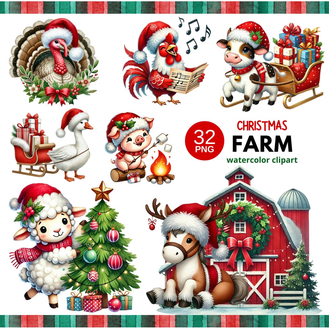 Christmas Farm Clipart Set - 32 PNG Watercolor Farm Animals in Santa ...