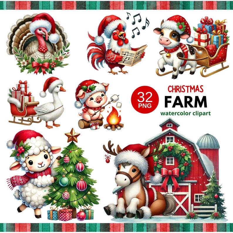 Watercolor Christmas Farm Animal Clipart – 32 PNG Holiday Illustrations ...