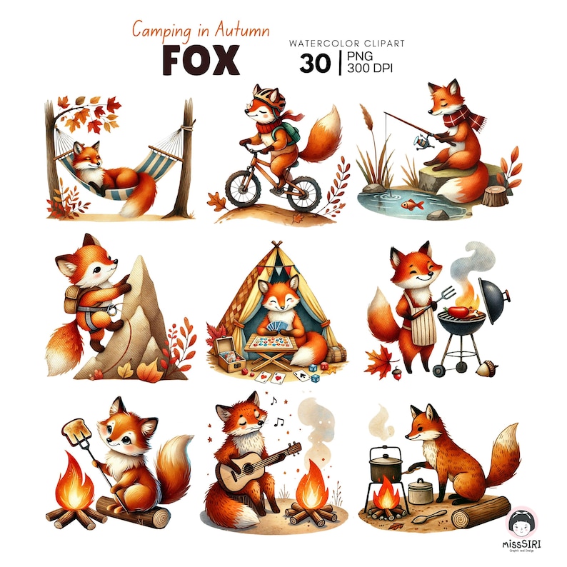 Autumn Camping Fox Clipart Bundle, 30 PNG Watercolor Woodland Animals ...