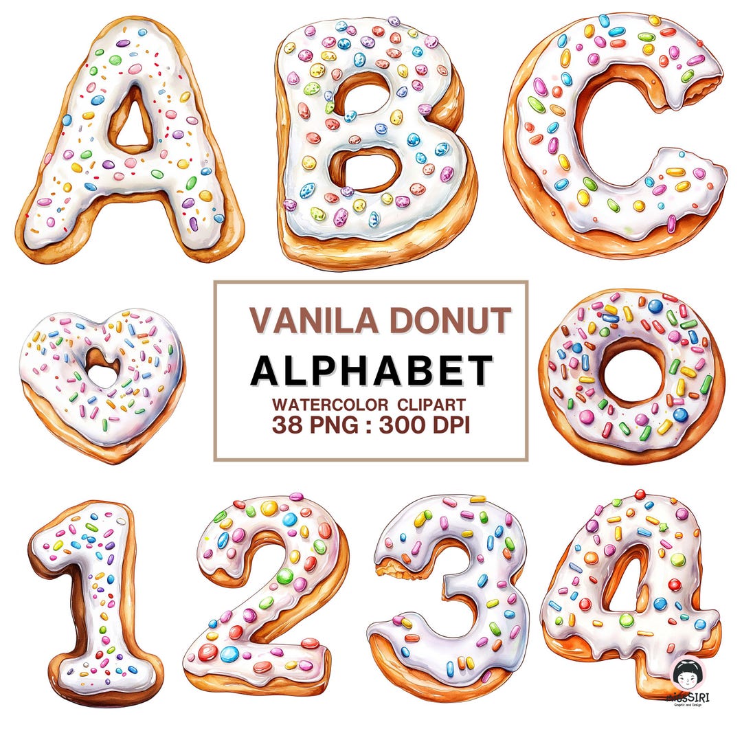 Vanilla Donut Alphabet Clipart Set | 38 Sweet Watercolor Letters and ...