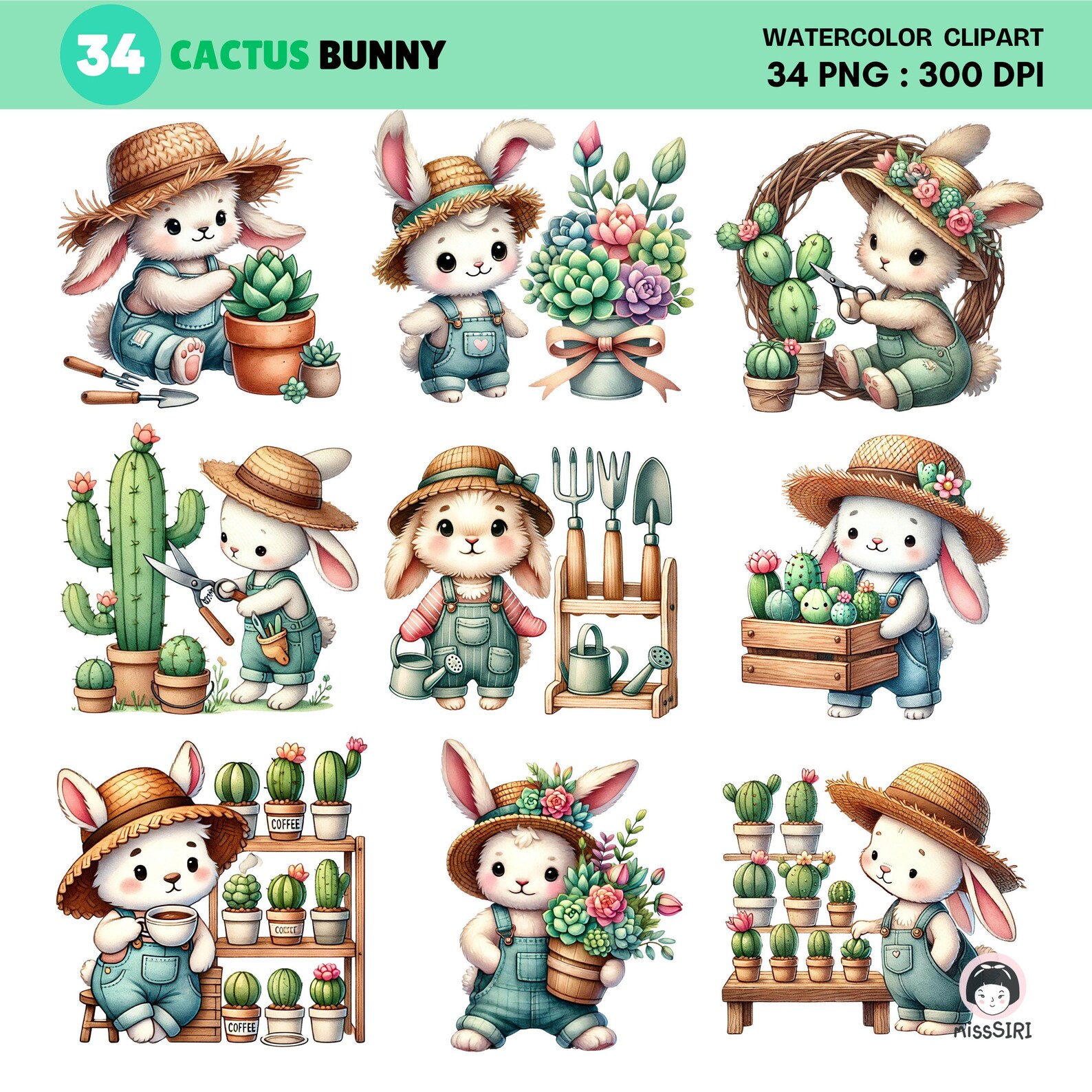 Cactus Bunny Watercolor Clipart Bundle – 34 Adorable Gardening Rabbit ...