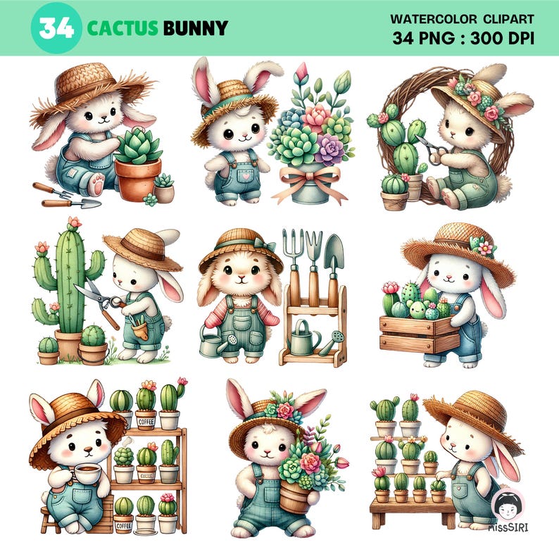 Cactus Bunny Watercolor Clipart Bundle – 34 Adorable Gardening Rabbit ...