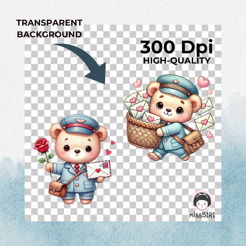 Valentine Postman Bear Clipart Set | 27 Watercolor Pngs for Love ...