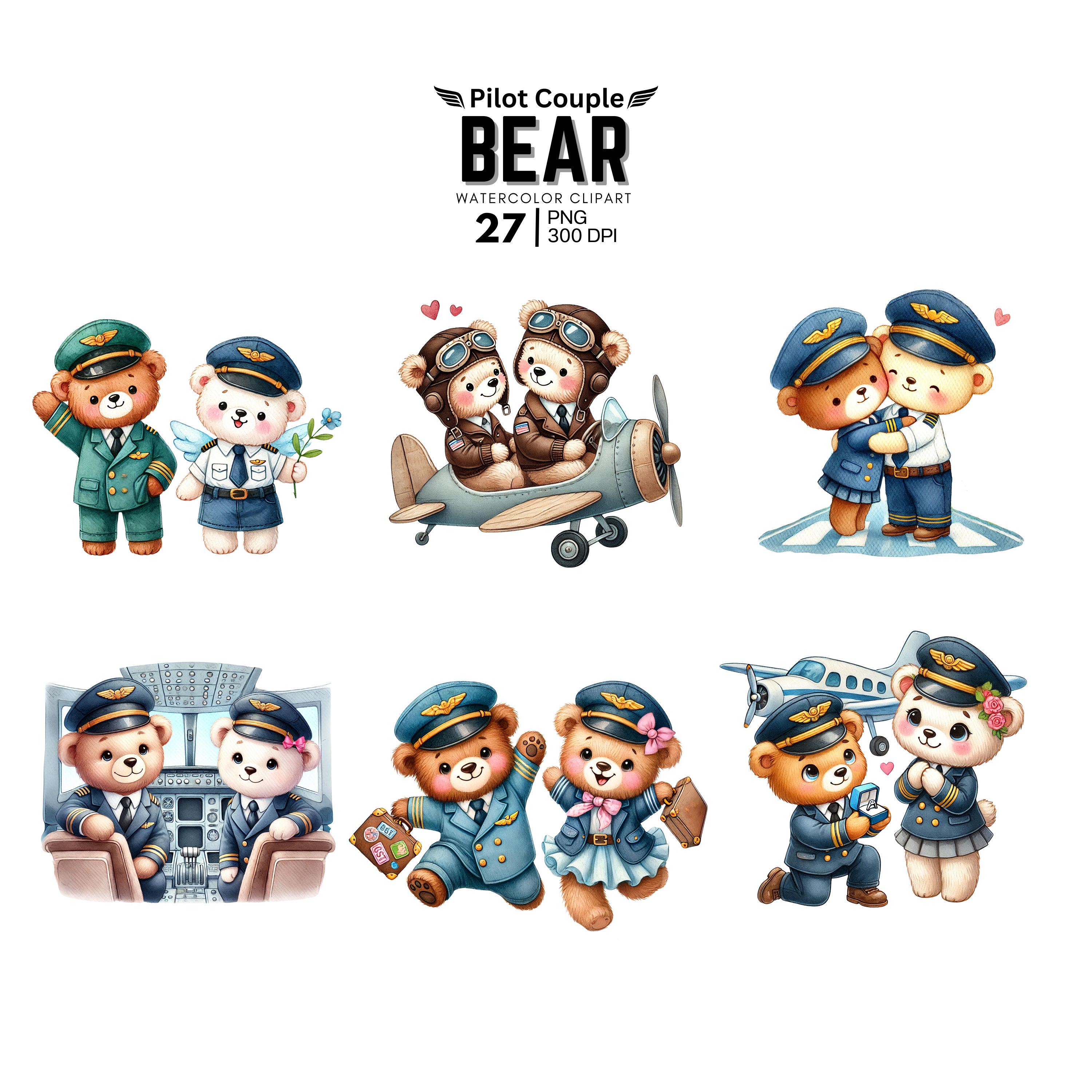 Pilot Couple Bear Clipart Set | 27 Watercolor Pngs for Aviation Wedding ...