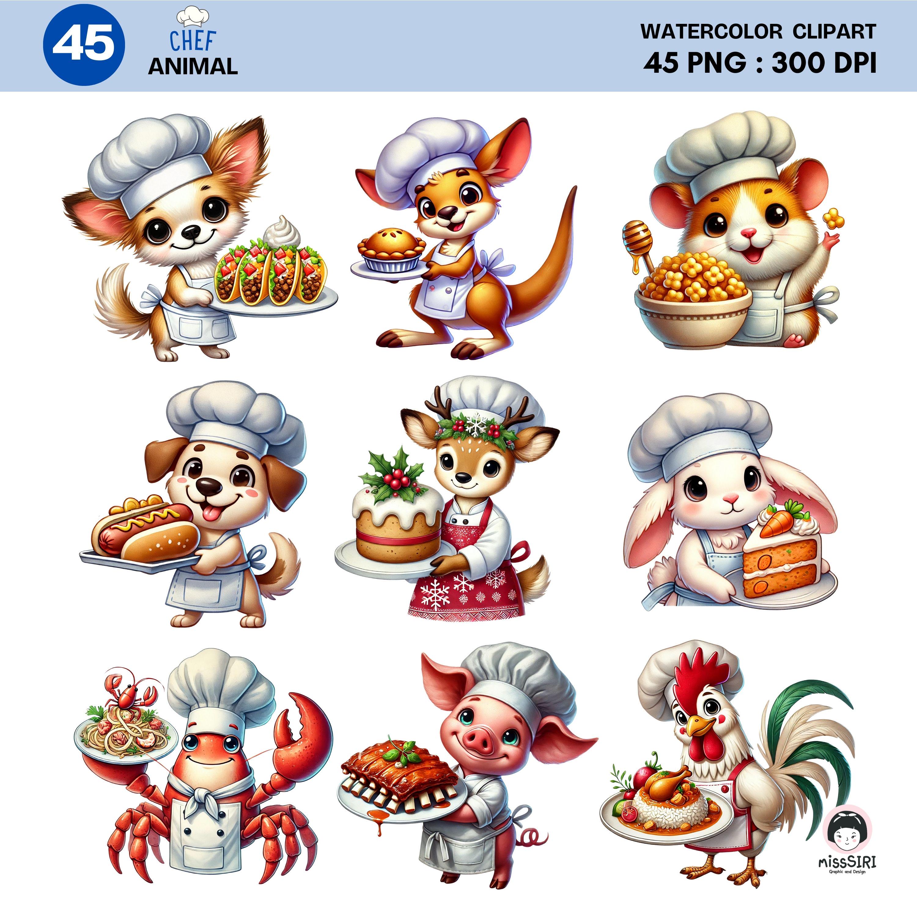 Chef Animal Watercolor Clipart Bundle – 45 Pngs of Cute Cooking Animals ...
