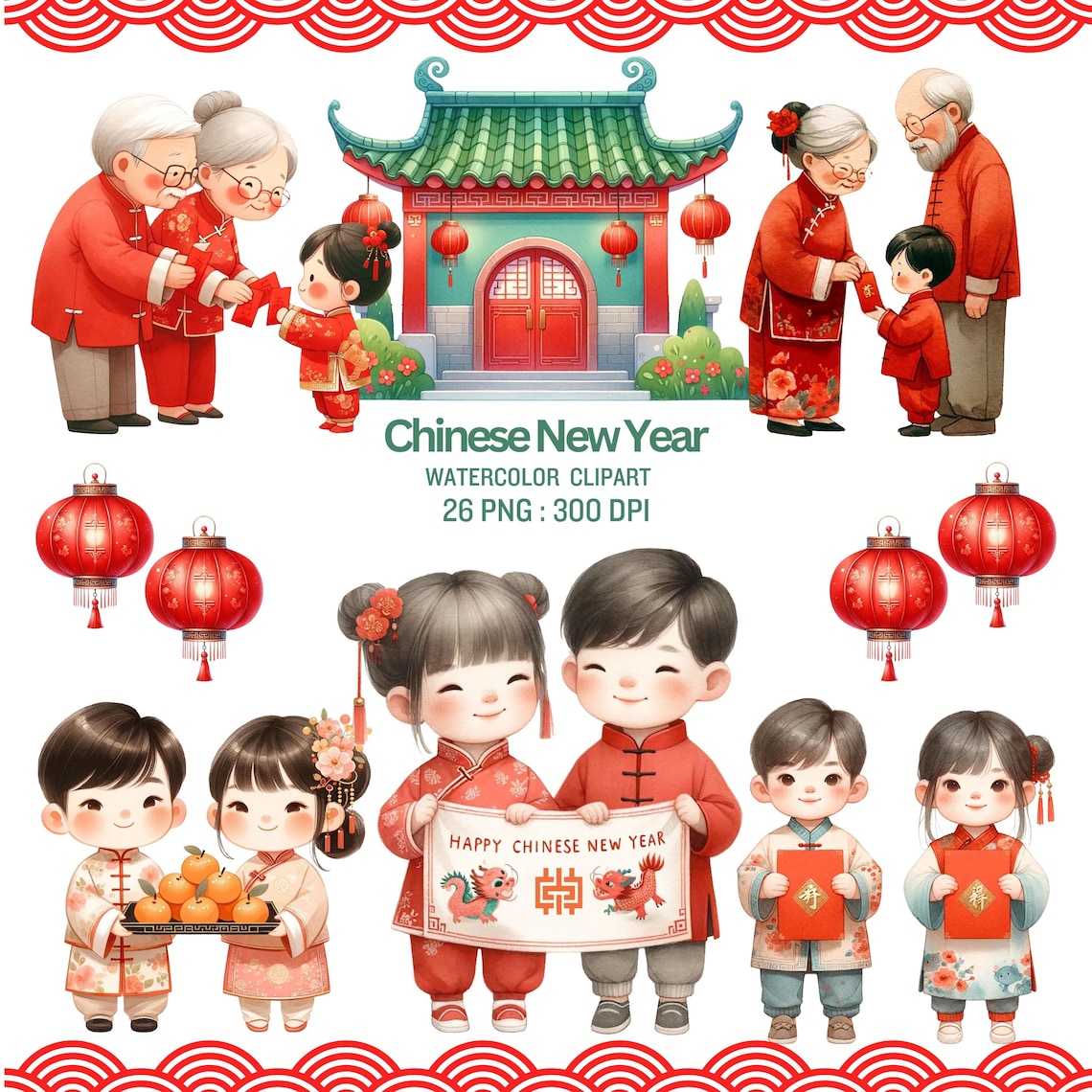 Chinese New Year Watercolor Clipart. - Etsy