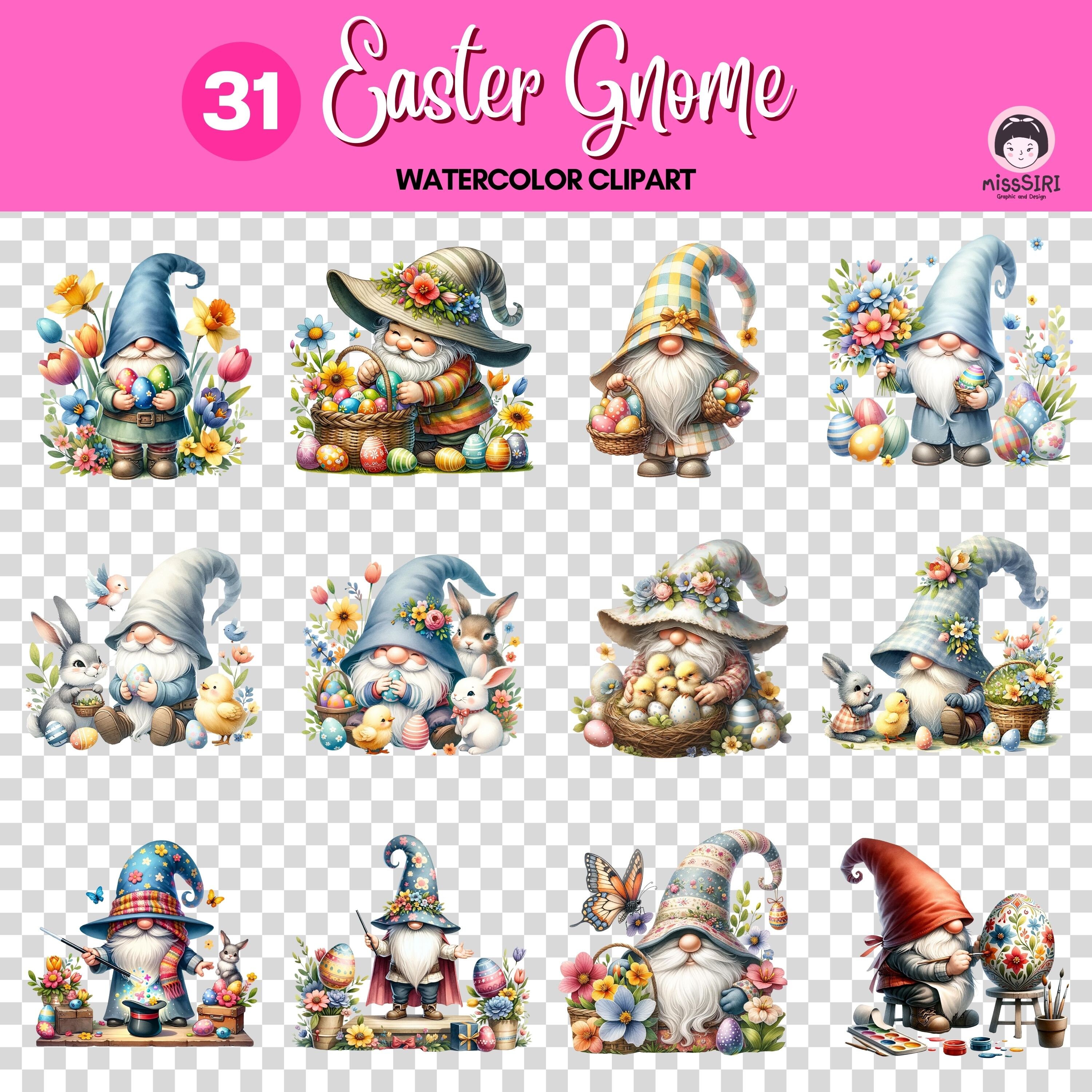 Easter Gnome Watercolor Clipart - 31 PNG Bundle for Crafting - Etsy