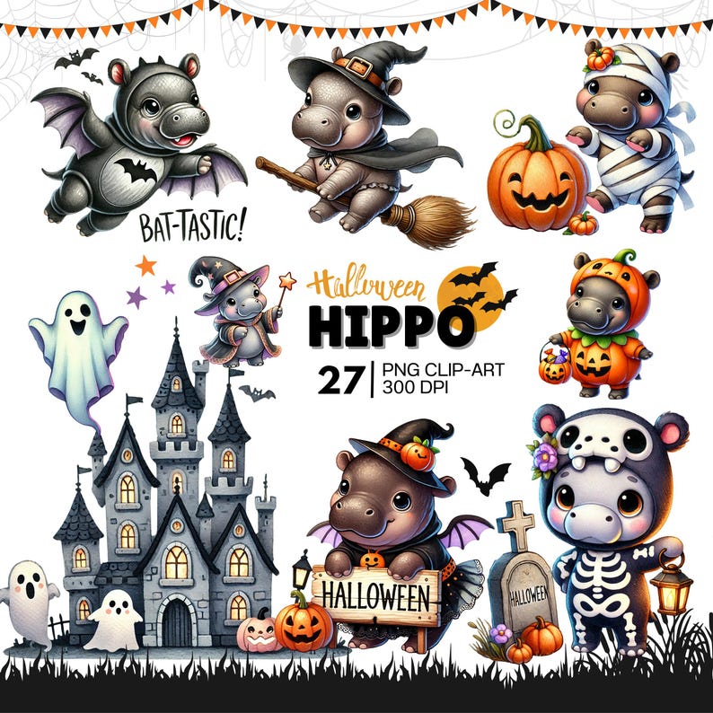 Halloween Hippo PNG Clipart Set, Cute Halloween Animal Clip Art, Hippo ...