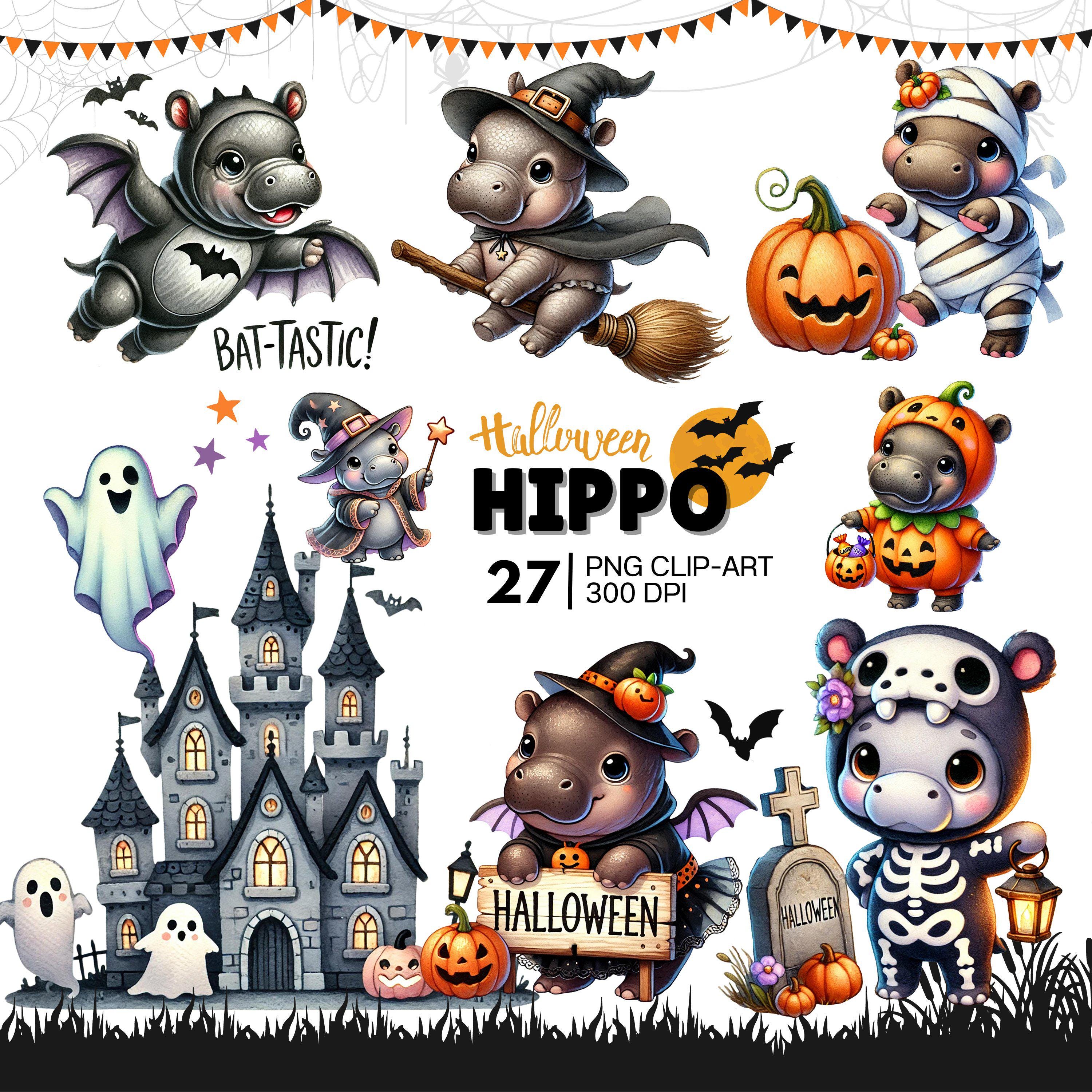 Halloween Hippo PNG Clipart Set, Cute Halloween Animal Clip Art, Hippo ...