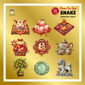 Chinese New Year Snake Watercolor Clipart Bundle, Cute Zodiac Snake PNG ...
