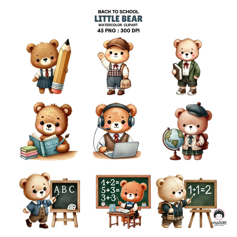 Back to School Little Bear Watercolor Clipart Bundle Featuring Cute ...