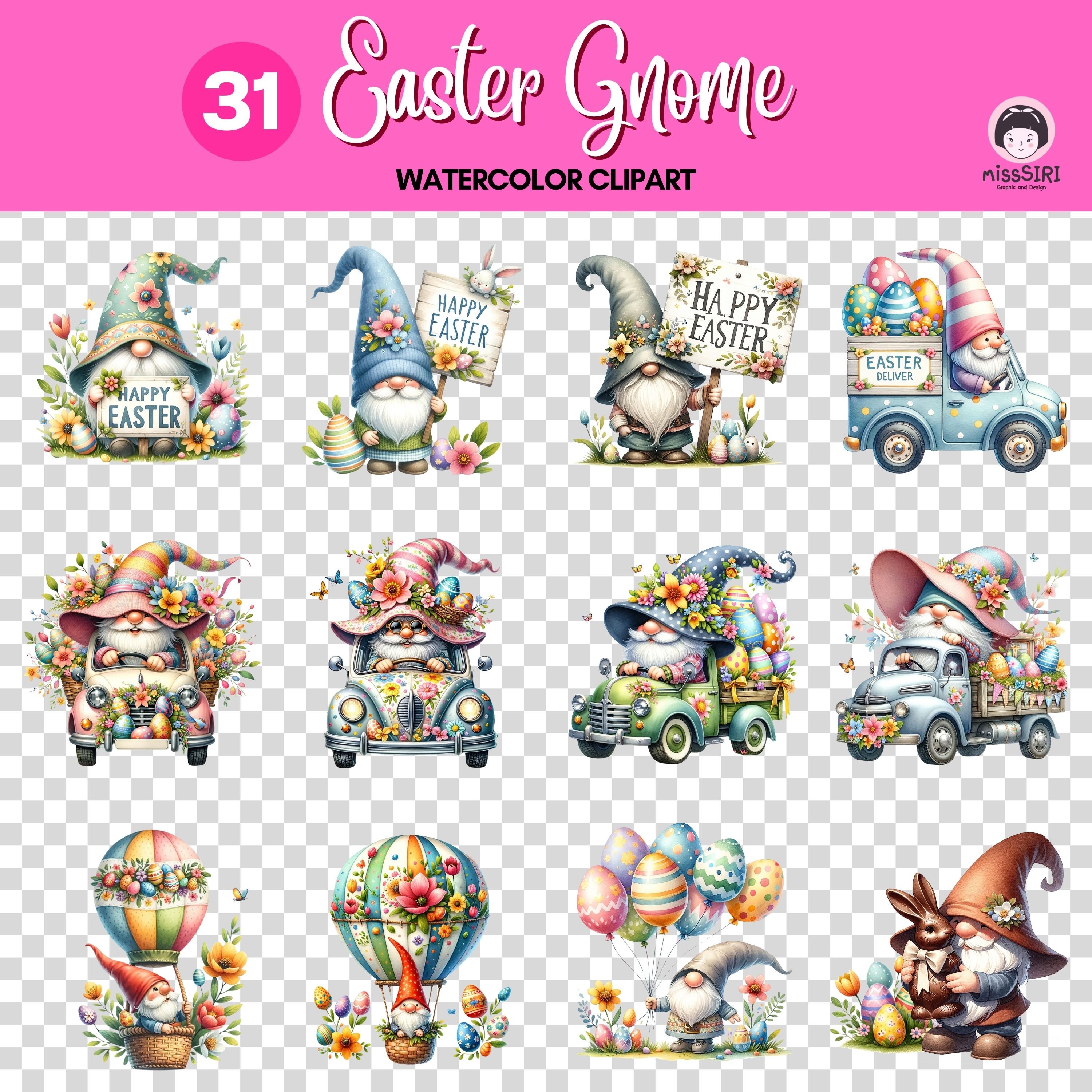 Easter Gnome Watercolor Clipart - 31 PNG Bundle for Crafting - Etsy