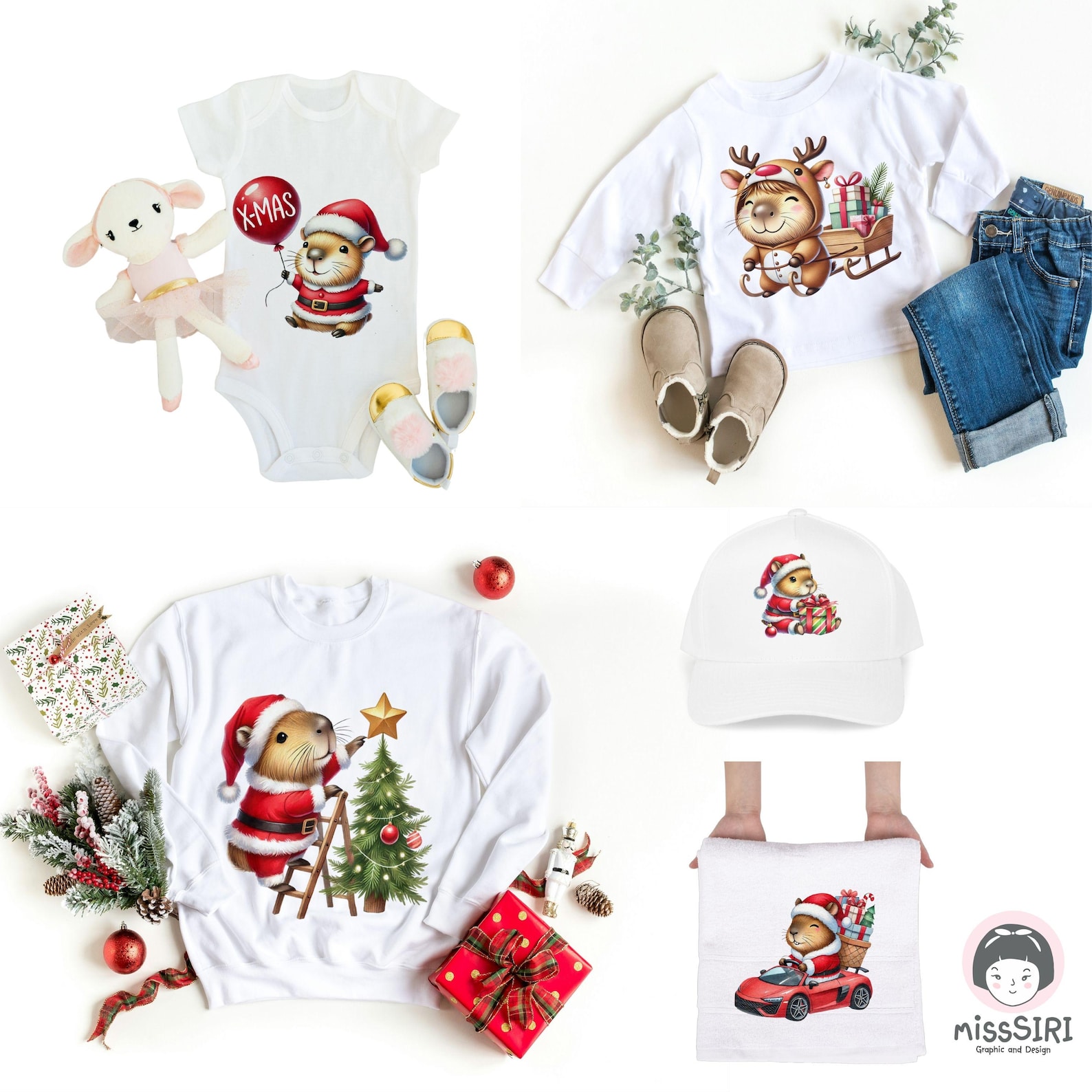 Christmas Capybara Watercolor Clipart Bundle, Cute Capybara Holiday PNG ...