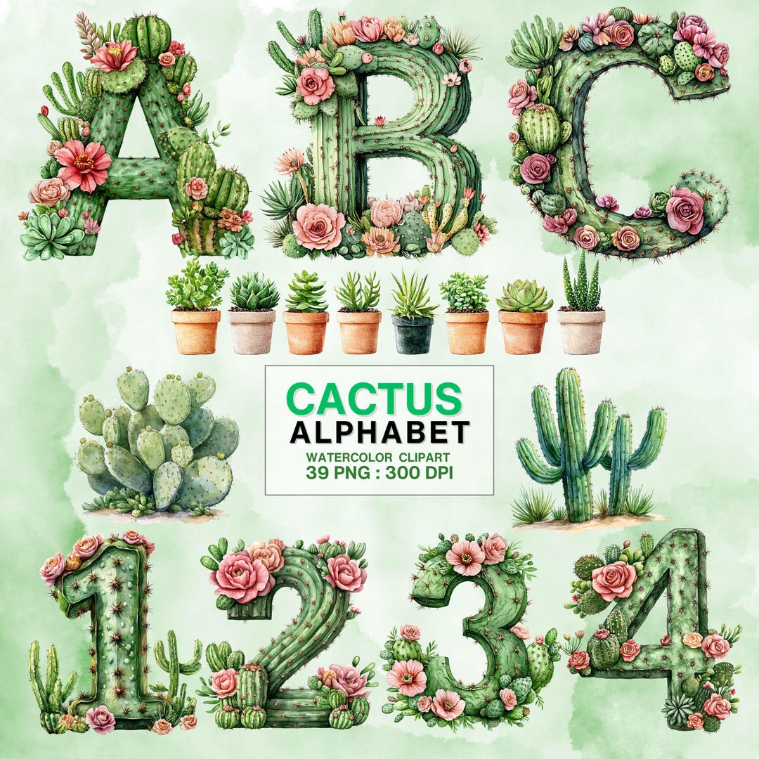 Cactus Alphabet Watercolor Clipart – 39 PNG Floral Cactus Letters ...