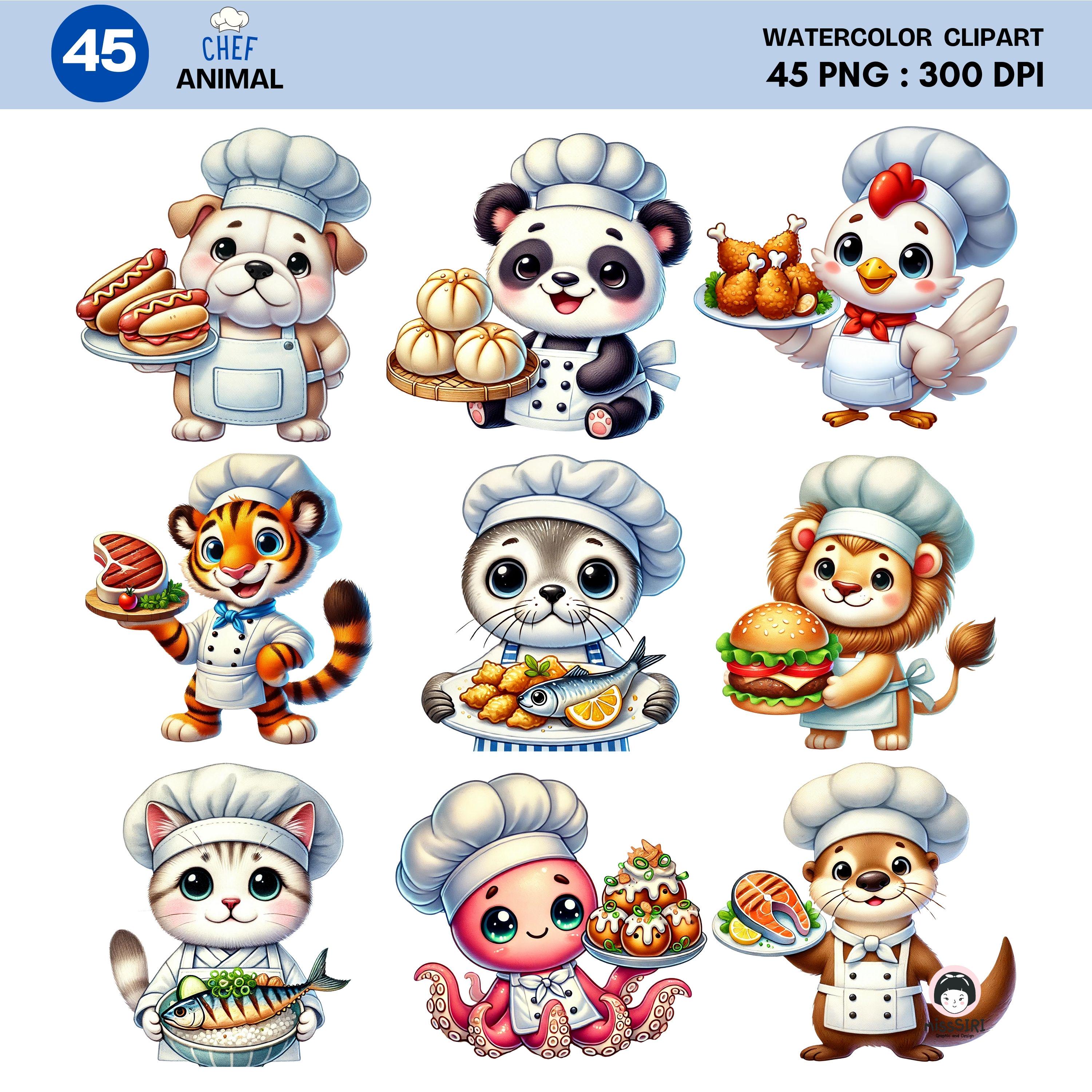 Chef Animal Watercolor Clipart Bundle – 45 Pngs of Cute Cooking Animals ...