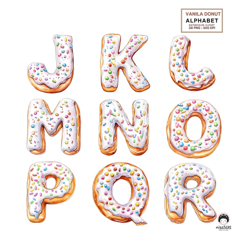 Vanilla Donut Alphabet Clipart Set | 38 Sweet Watercolor Letters and ...