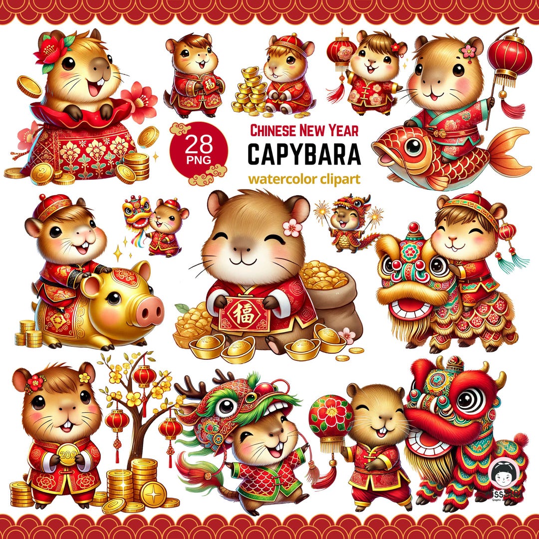 Chinese New Year Capybara Clipart, Watercolor Capybara Art, Lunar New ...