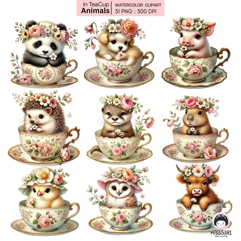 Teacup Animals Watercolor Clipart – 31 PNG Cute Animals in Vintage ...