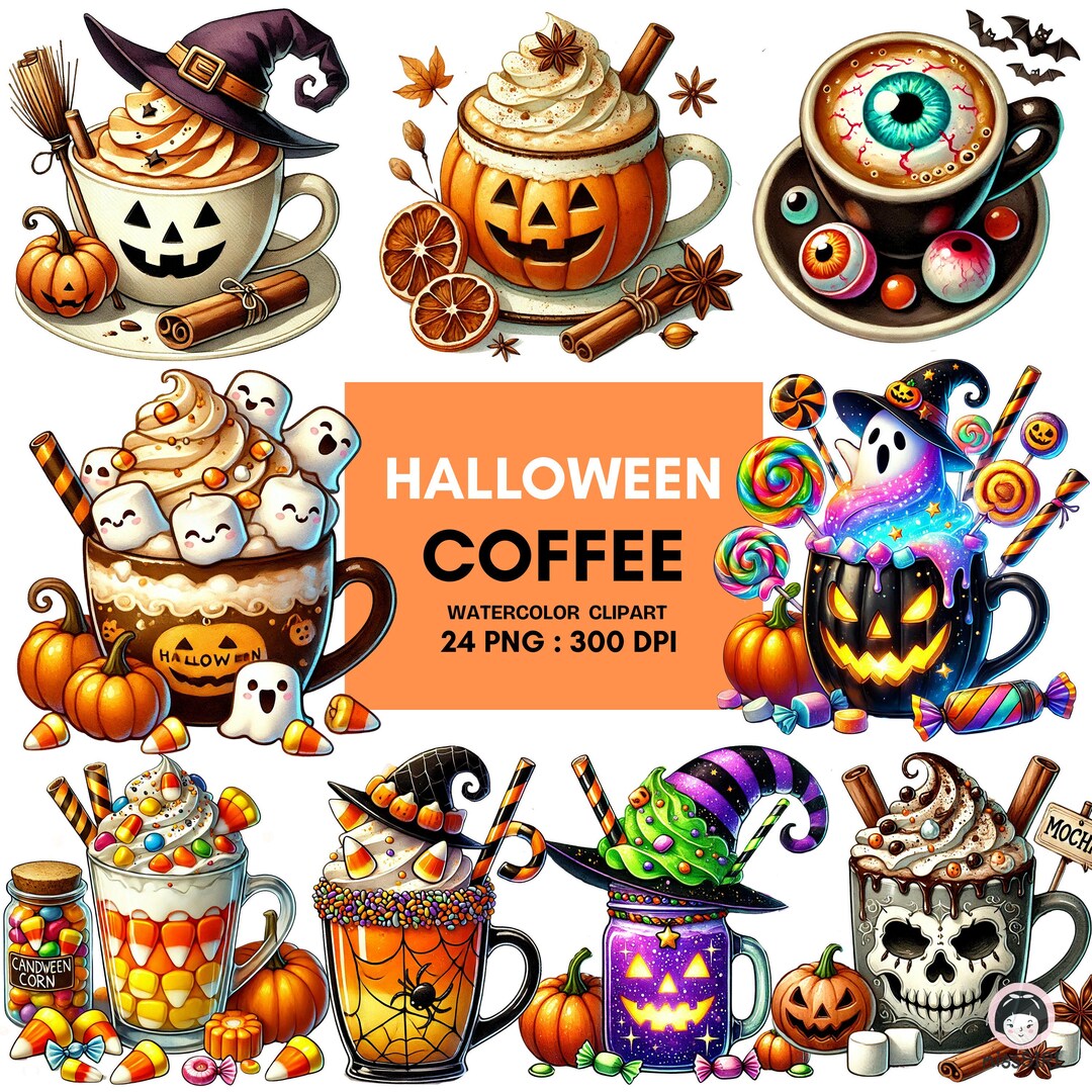 Halloween Coffee Clipart Bundle | 24 Watercolor Pngs With Spooky Lattes ...
