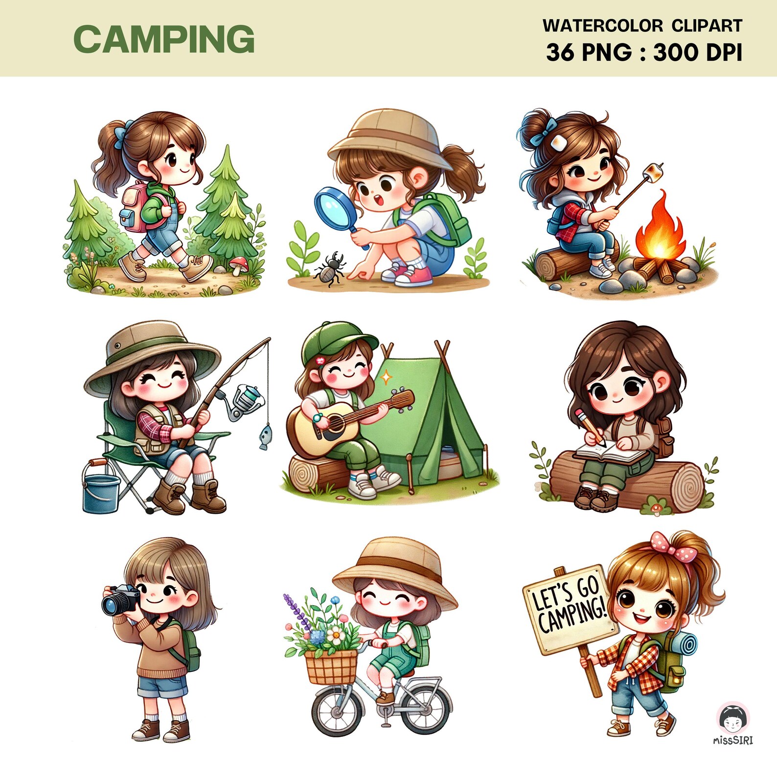 Camping Kids Clipart Bundle | 36 Watercolor Pngs With Hiking Boys Girls ...