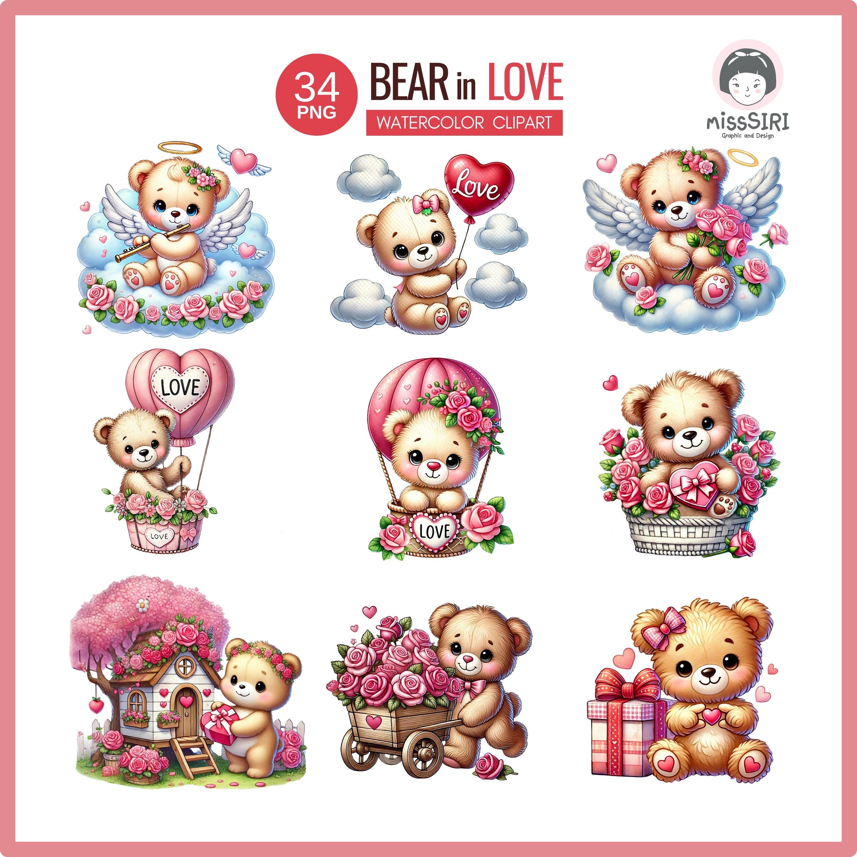 Bear in Love Watercolor Clipart Set - 34 Romantic Valentine’s Day Pngs ...