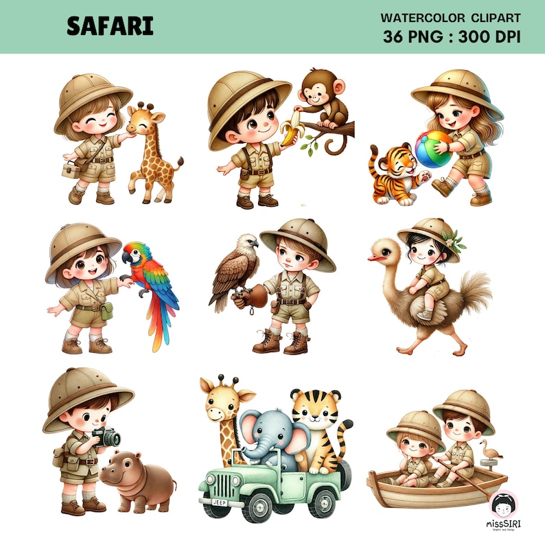 Safari Adventure Clipart Set | 36 Watercolor Pngs of Kids in Explorer ...