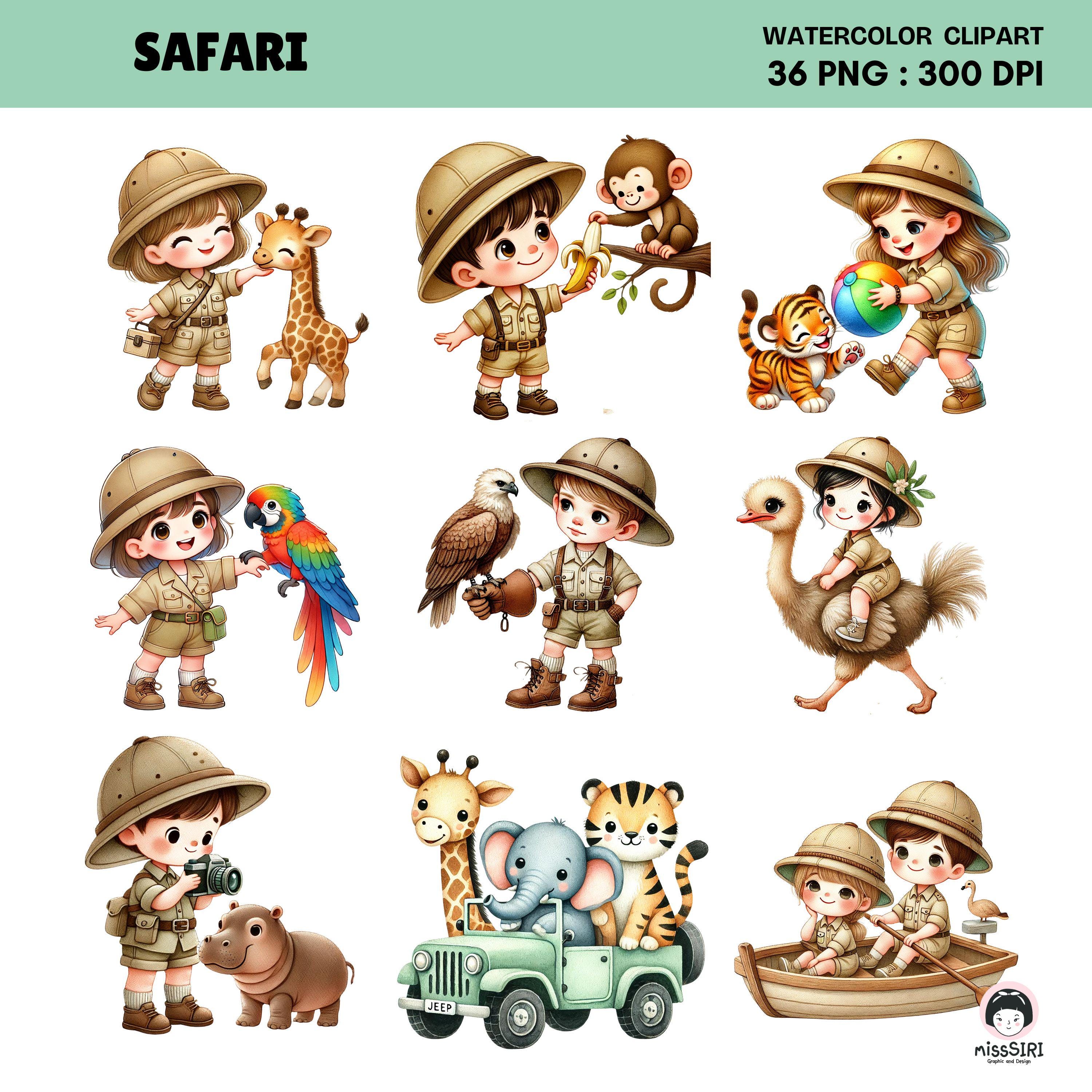 Safari Adventure Clipart Set | 36 Watercolor Pngs of Kids in Explorer ...