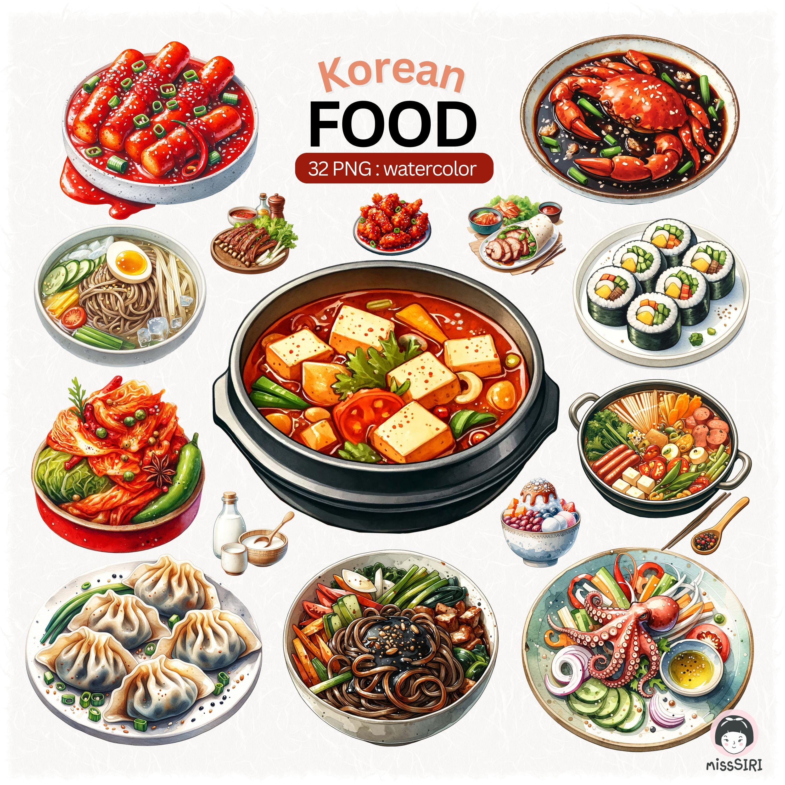 Korean Food Watercolor Clipart Set, 32 PNG Korean Cuisine Illustrations ...