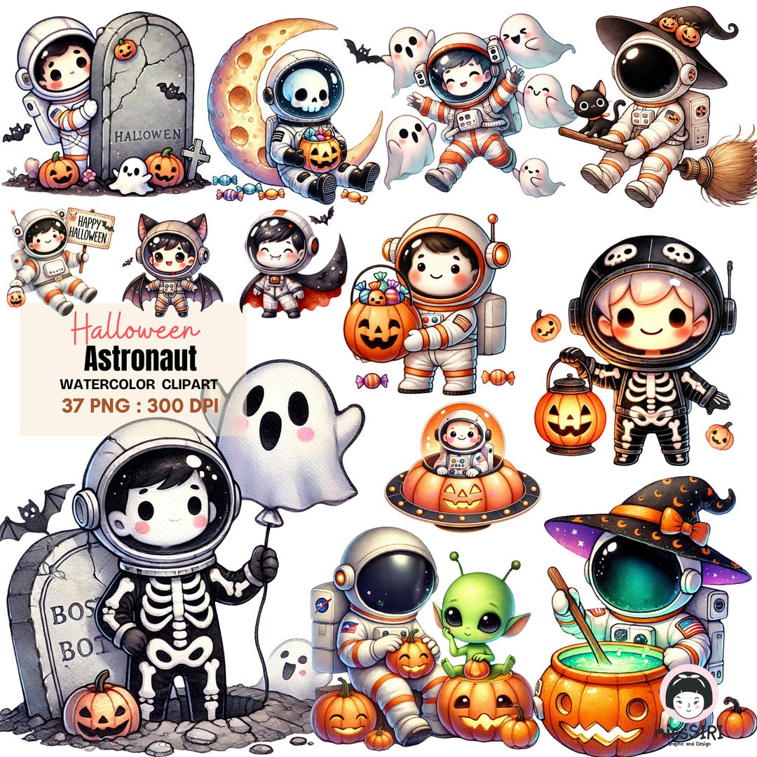 Halloween Astronaut Clipart Bundle | 37 Watercolor Pngs for Spooky ...
